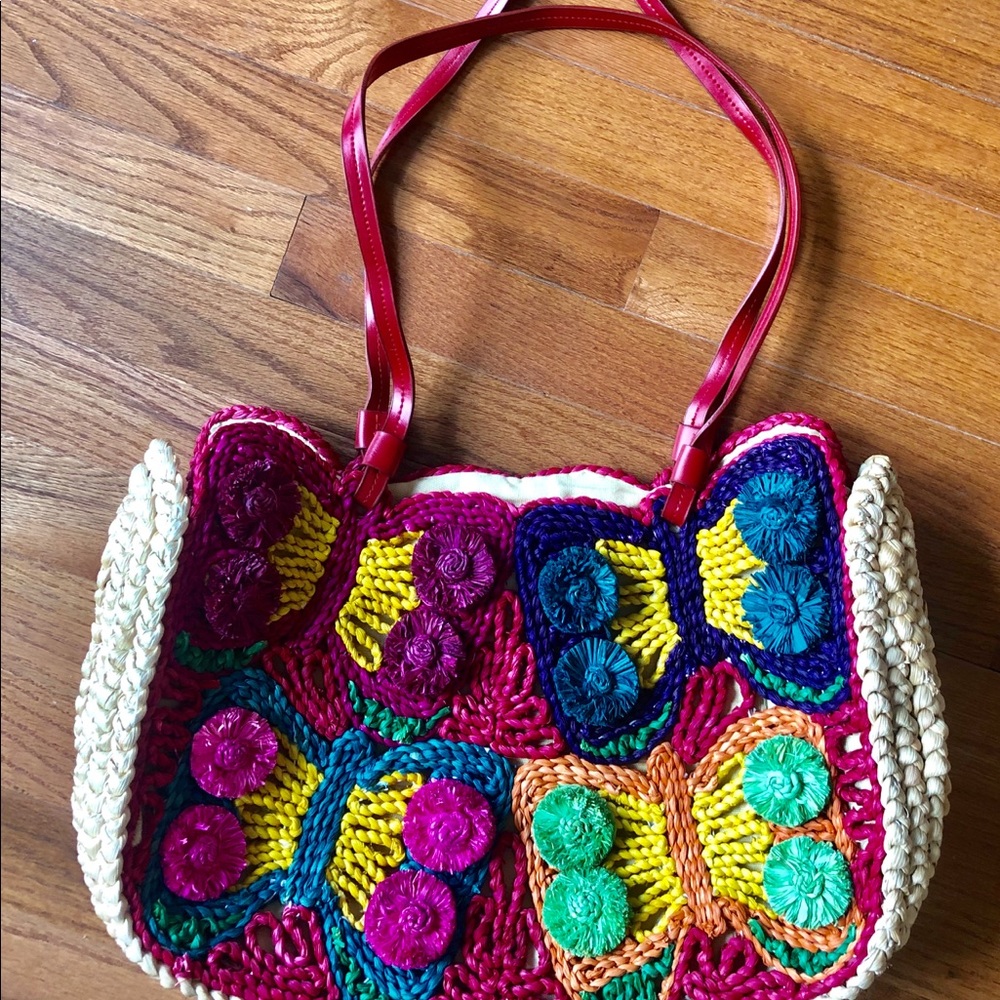 Vintage Straw Tote With Colorful Butterfly Detail - Gem